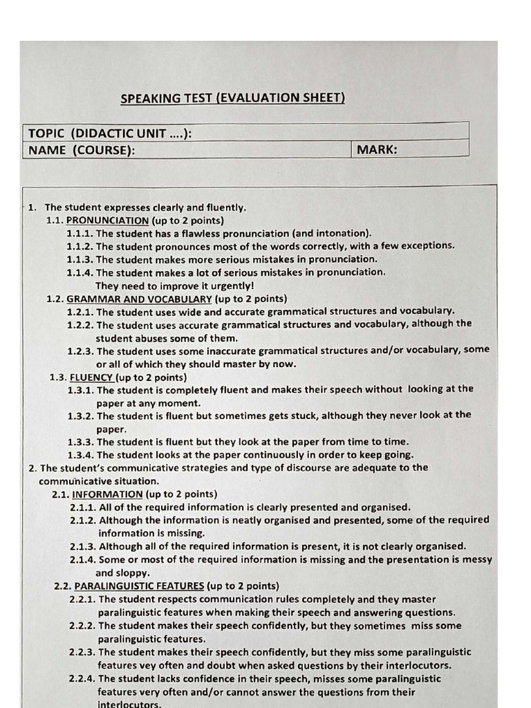 Speaking Test (Evaluation Sheet) | PDF