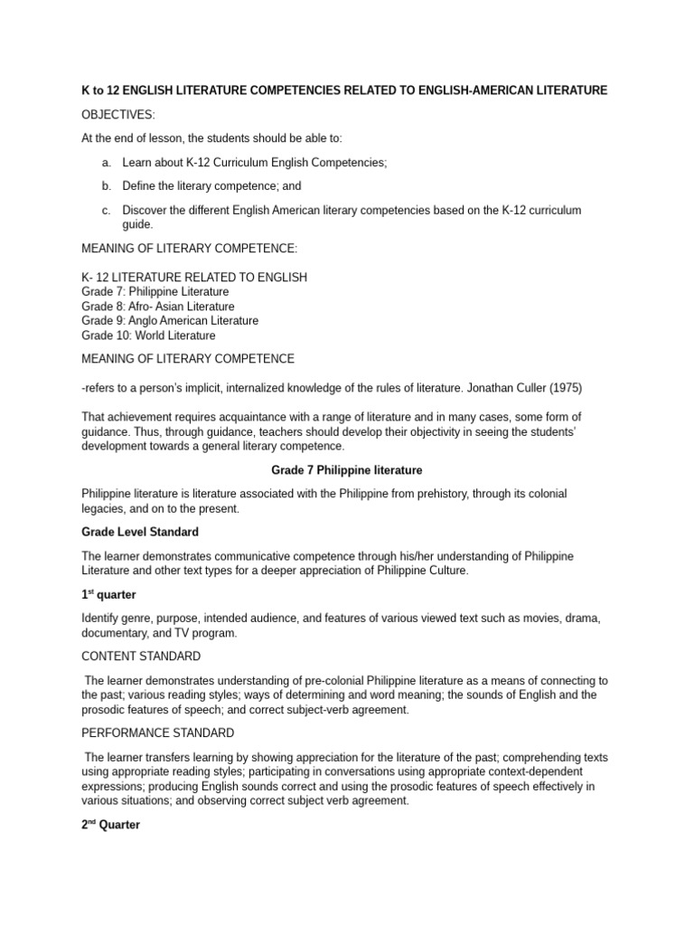 K-12 English Literature Competencies Guide | PDF | Learning | Nonverbal ...