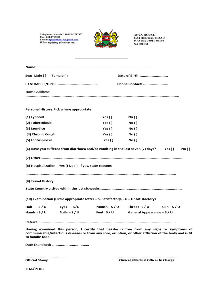 Food Handlers Medical Examination Form | PDF