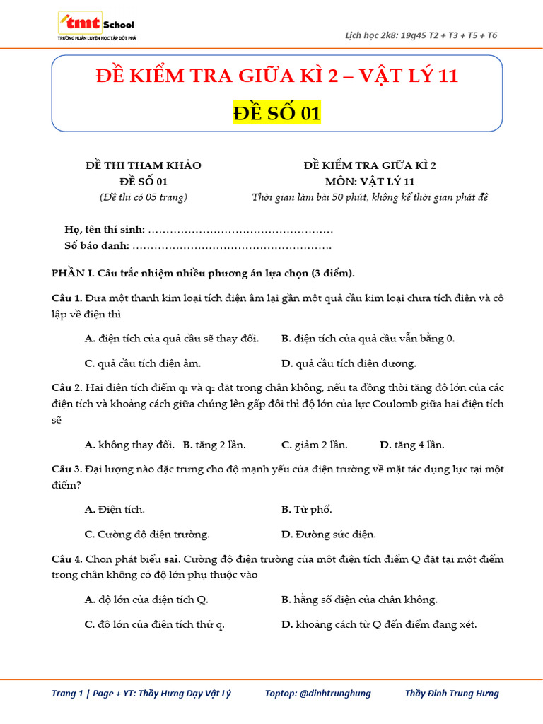 ĐỀ GK2 - Số 01 - VL11 | PDF
