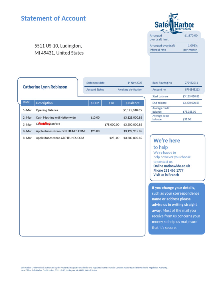 Safe harbor-Bank-Statement-1 | PDF | Overdraft | Business