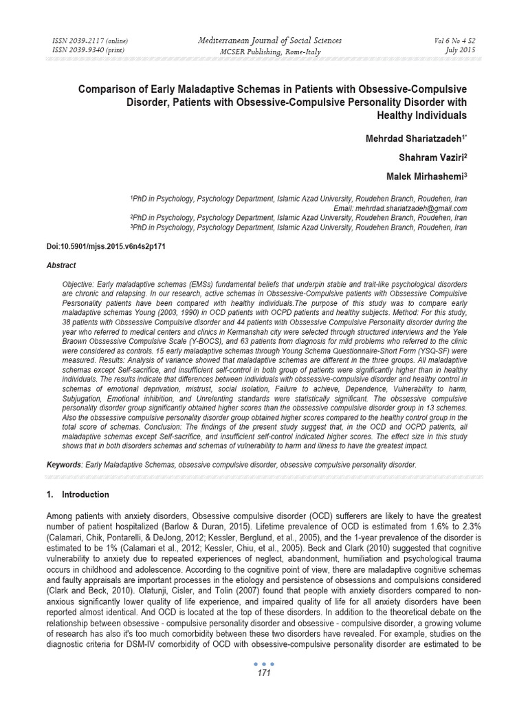 Early Maladaptive Schemas in OCD and OCPD | PDF | Obsessive–Compulsive ...