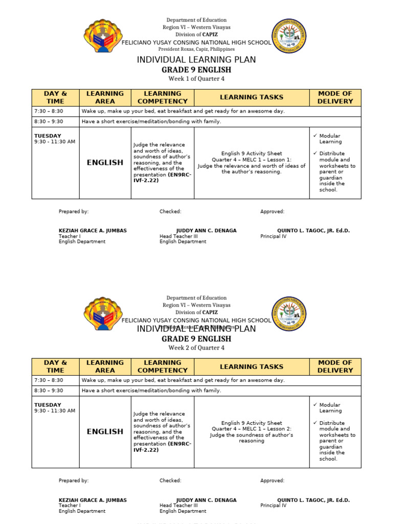English 9 Q4 Individual Learning Plan | PDF