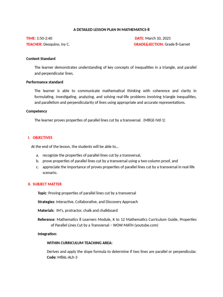 Proving II A DETAILED LESSON PLAN IN MATHEMATICS | PDF | Mathematics ...