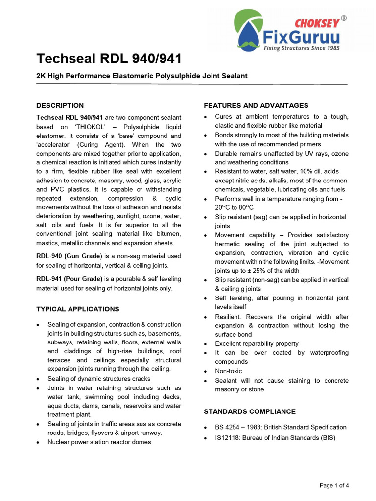 Techseal RDL 940/941 Data Sheet | PDF | Concrete | Water