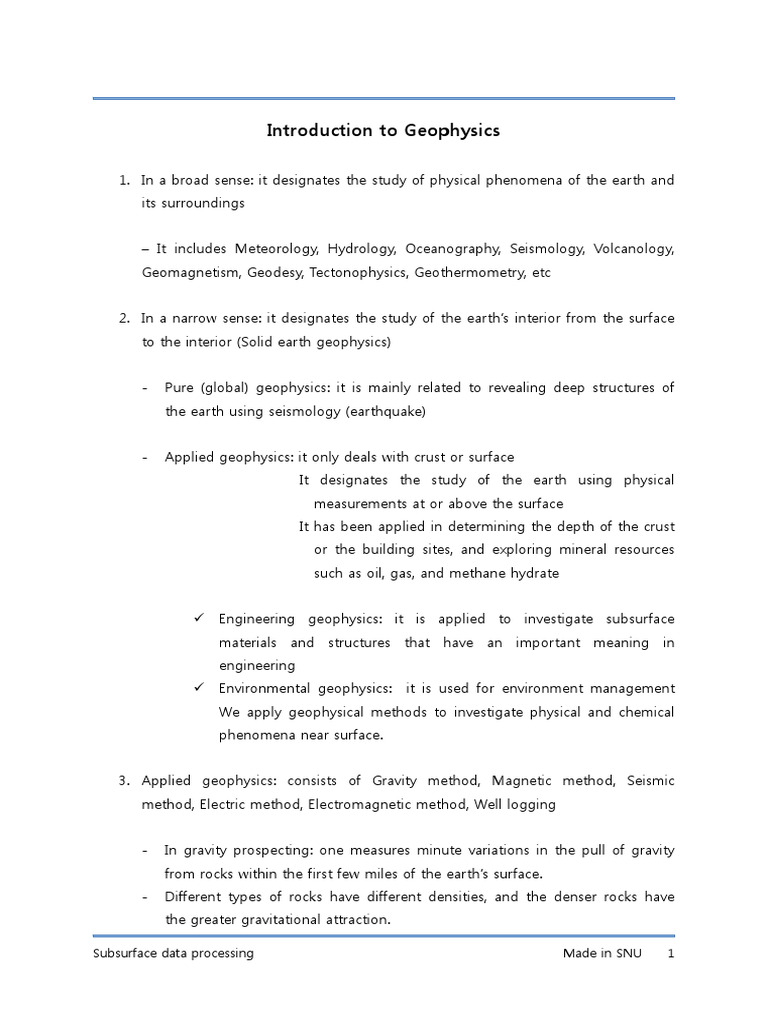 Introduction To Geophysics: Subsurface Data Processing Made in Snu 1 ...