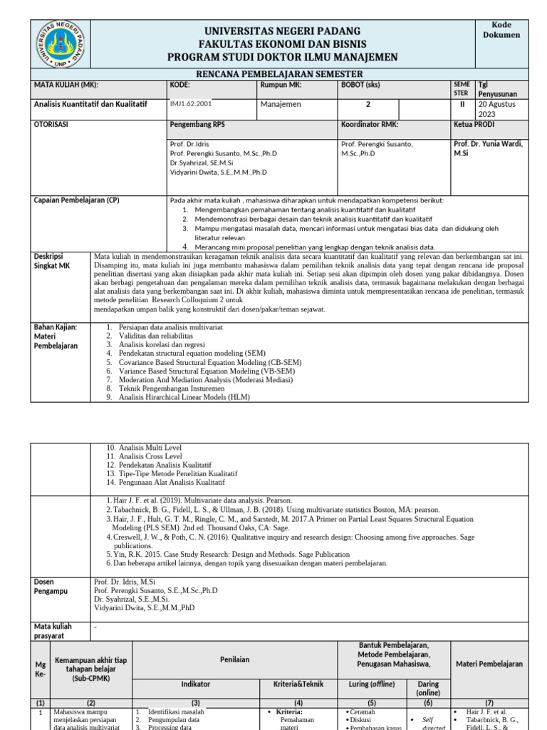 RPS Analisis Kuantitatif Dan Kualitatif | PDF