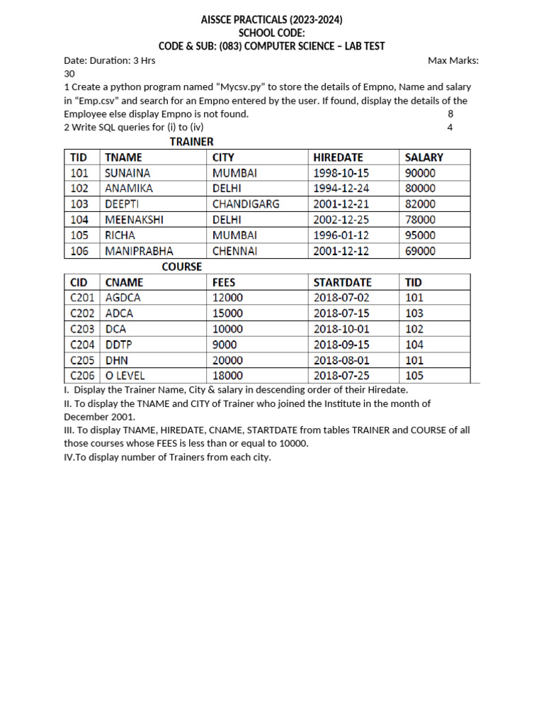 AISSCE PRACTICALS Comp Sci | PDF
