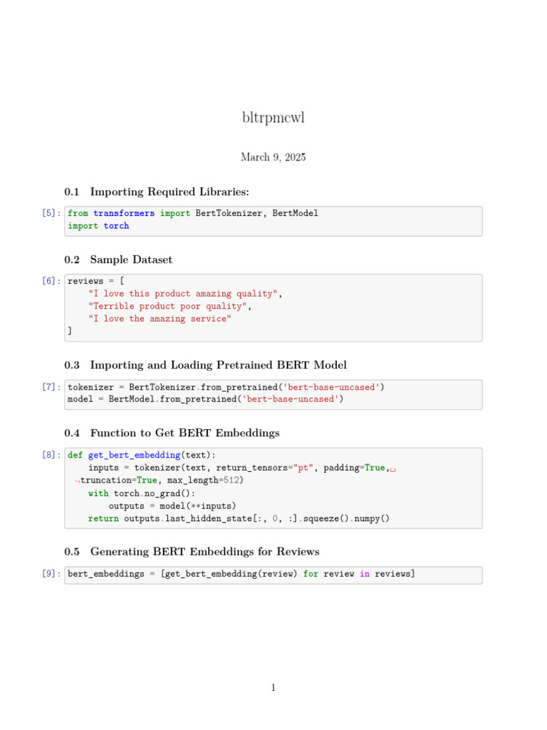 BERT Tokenization and Embedding Example | PDF