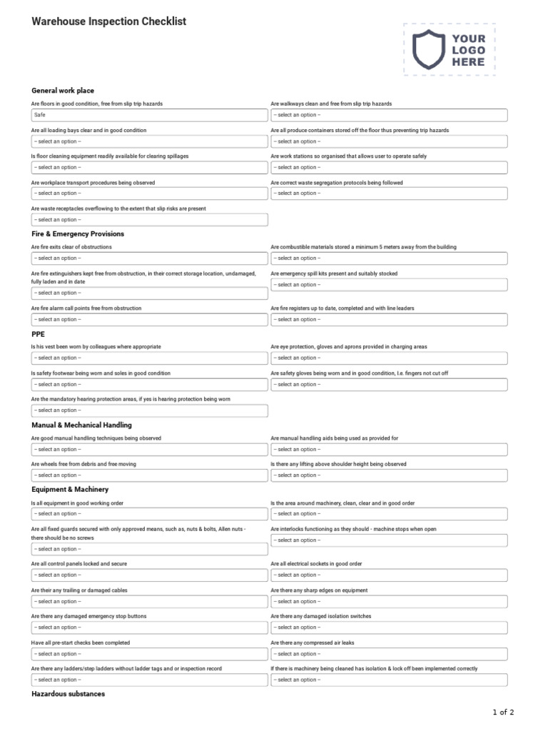 Warehouse Inspection Checklist Form | PDF | Safety | Manufactured Goods