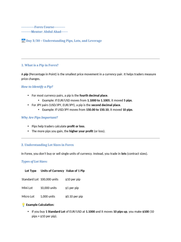 Class 3 (Understanding Pips Lots and Leverage) | PDF Class 3 (Understanding Pips Lots and Leverage) | PDF