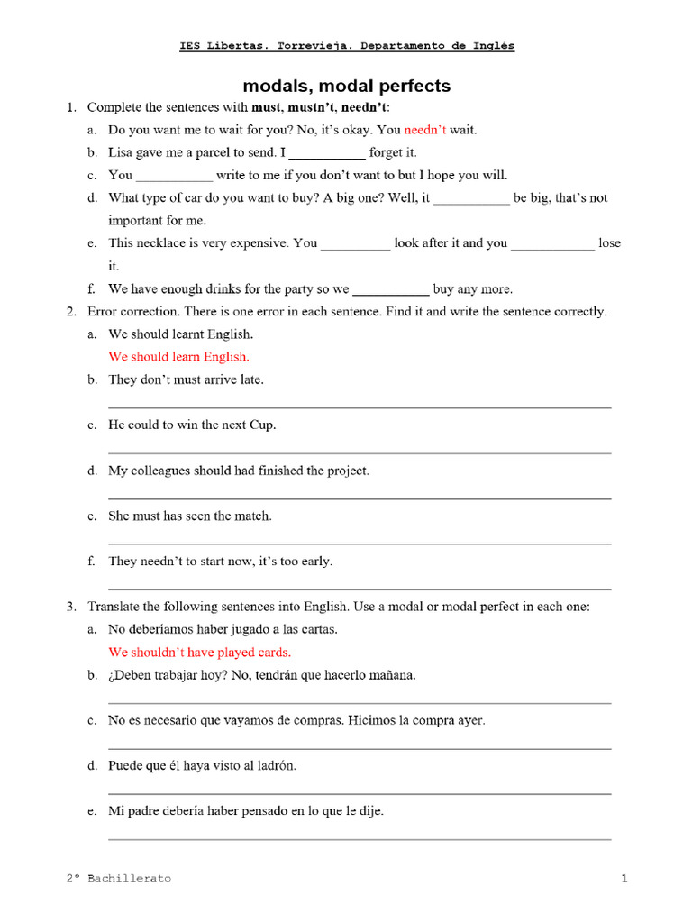 Modals, Modal Perfects Exercises - Perfect-Modals2 | PDF