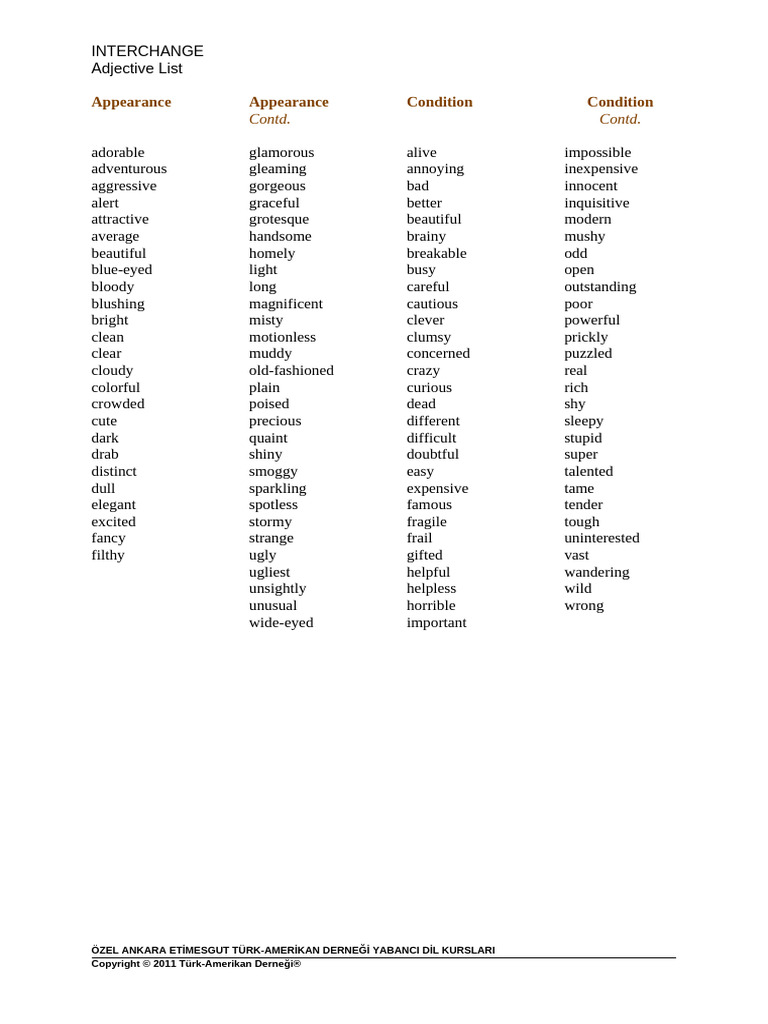 Adjective List | PDF | Senses | Nervous System