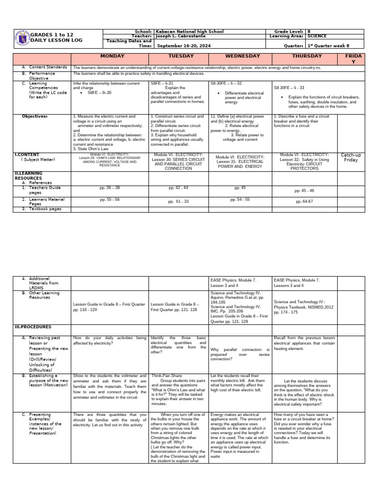 SCIENCE 8 Q1 Week9 Revised | PDF | Series And Parallel Circuits | Resistor