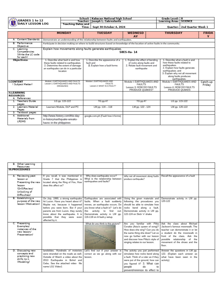 Grade 8 Science Lesson on Earthquakes | PDF | Earthquakes | Fault (Geology)