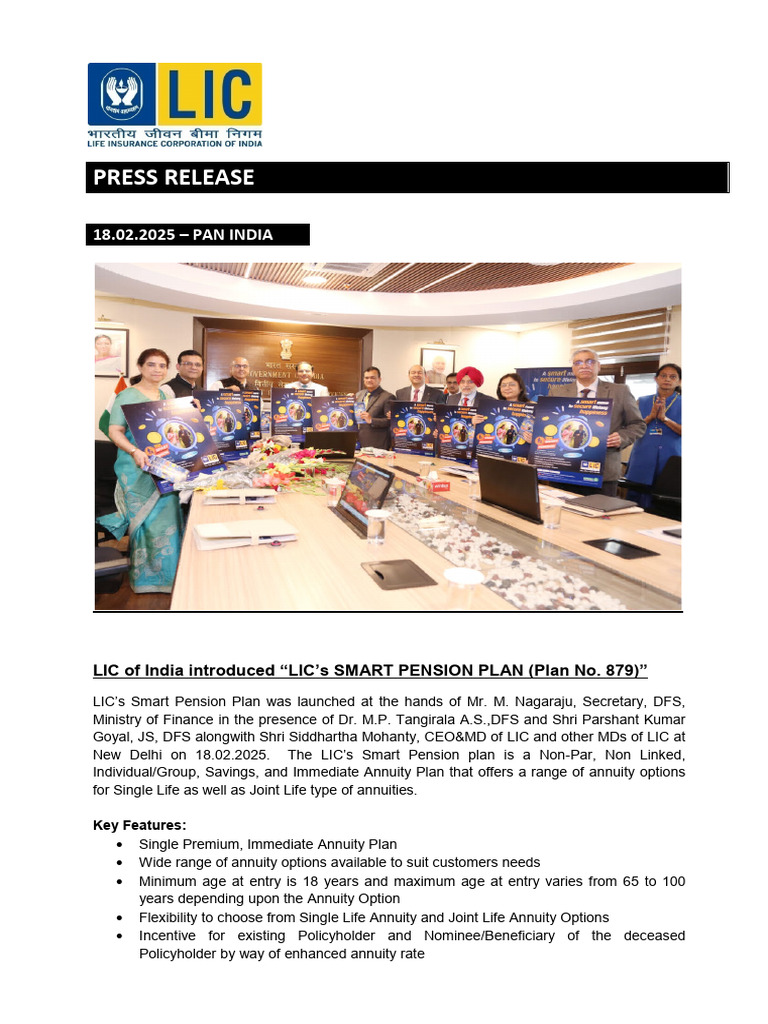 Press Release LIC'S Smart Pension Plan 879_18.02.2025 | PDF | Life Annuity | Insurance