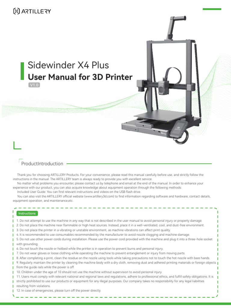 Artillery Sidewinder X4 Plus 3D Printer User Manual | PDF | Manufactured Goods
