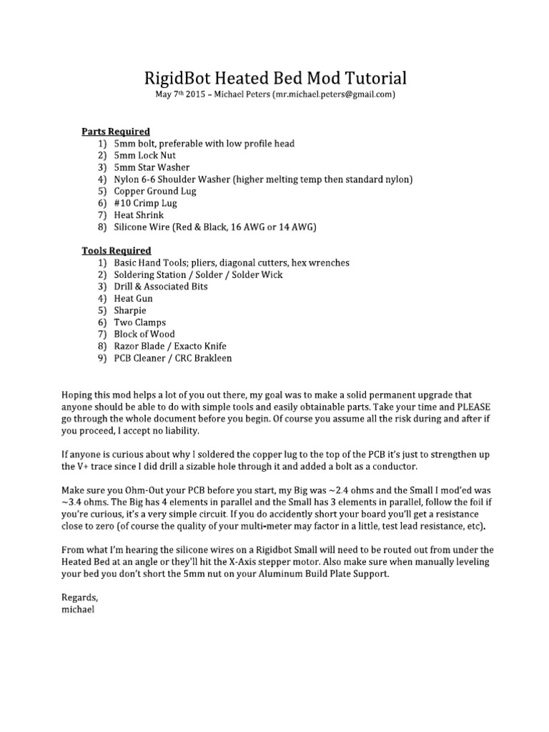 Rigidbot Heated Bed Upgrade Tutorial v1.0 - Compressed | PDF