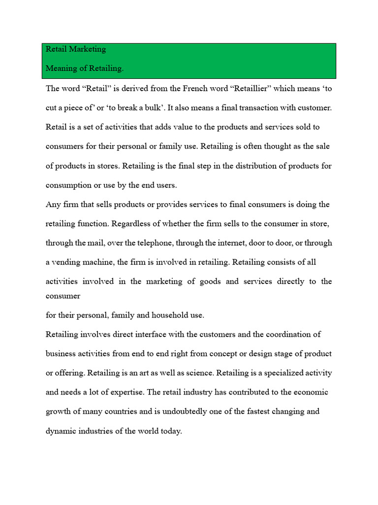 Definition and Meaning of Retail Marketing | PDF | Retail | Marketing