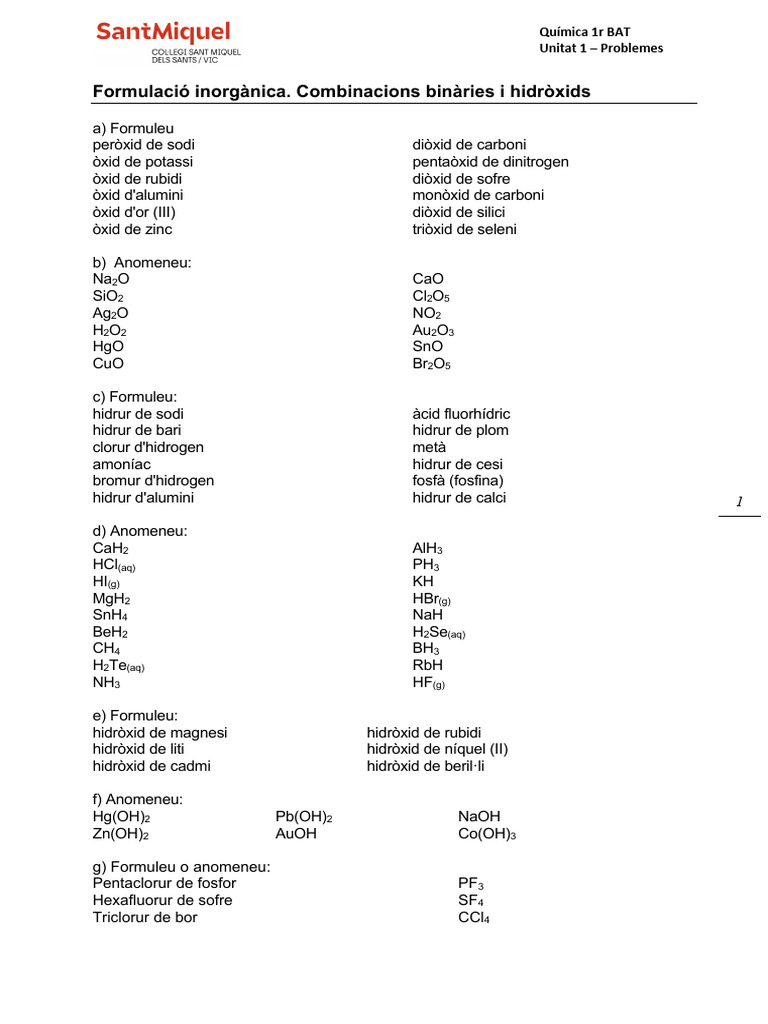 Unitat 1 Activitats de Formulacio769 Inorga768nica-2 | PDF