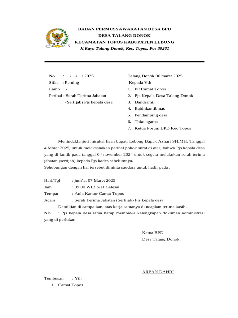 Undangan BPD Untuk Kades | PDF