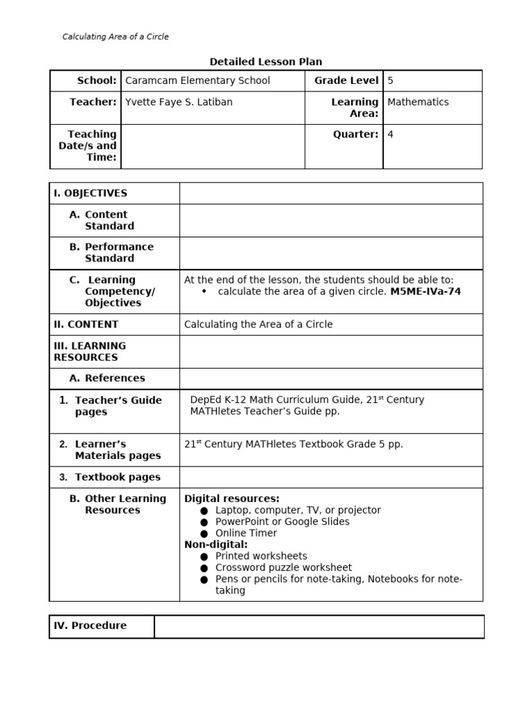 M5Q4L1 Lesson Plan - Calculating The Area of A Circle | PDF | Area | Pi