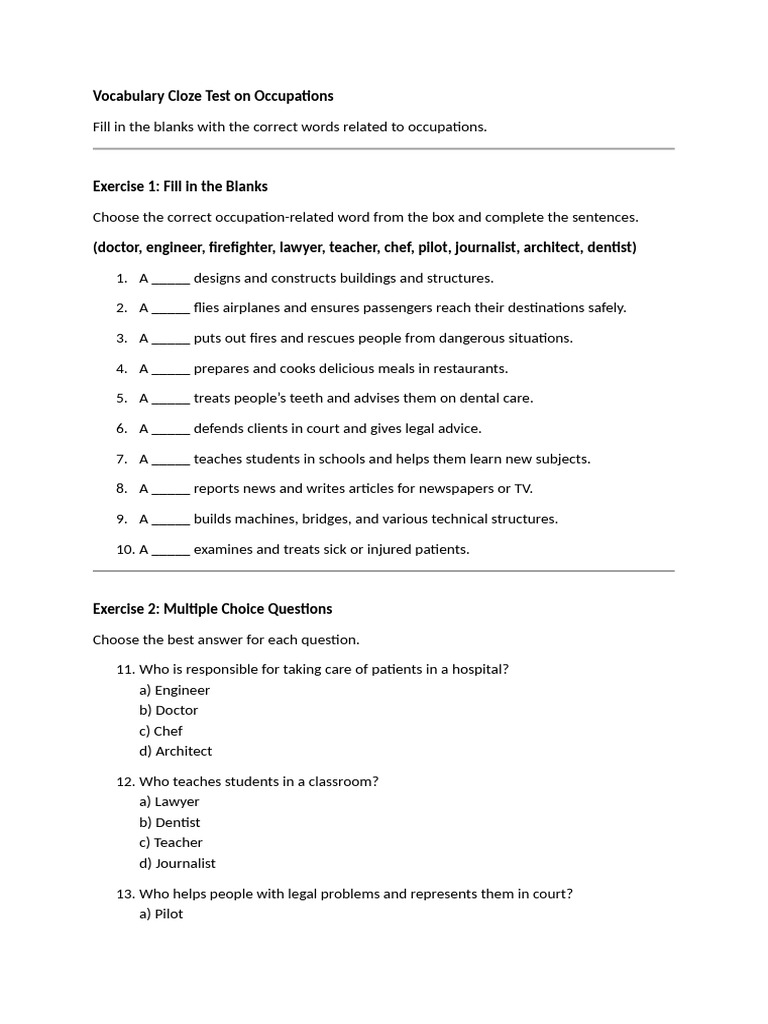 Vocabulary Cloze Test: Occupations | PDF | Medicine | Health Care