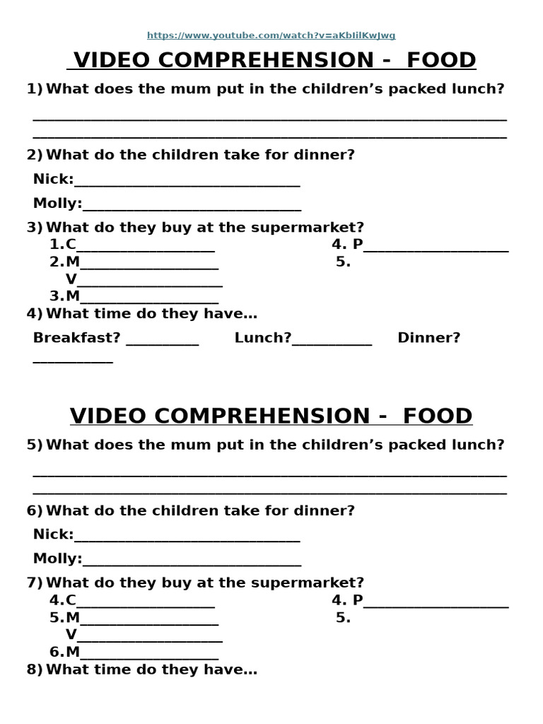Video Comprehension Food | PDF