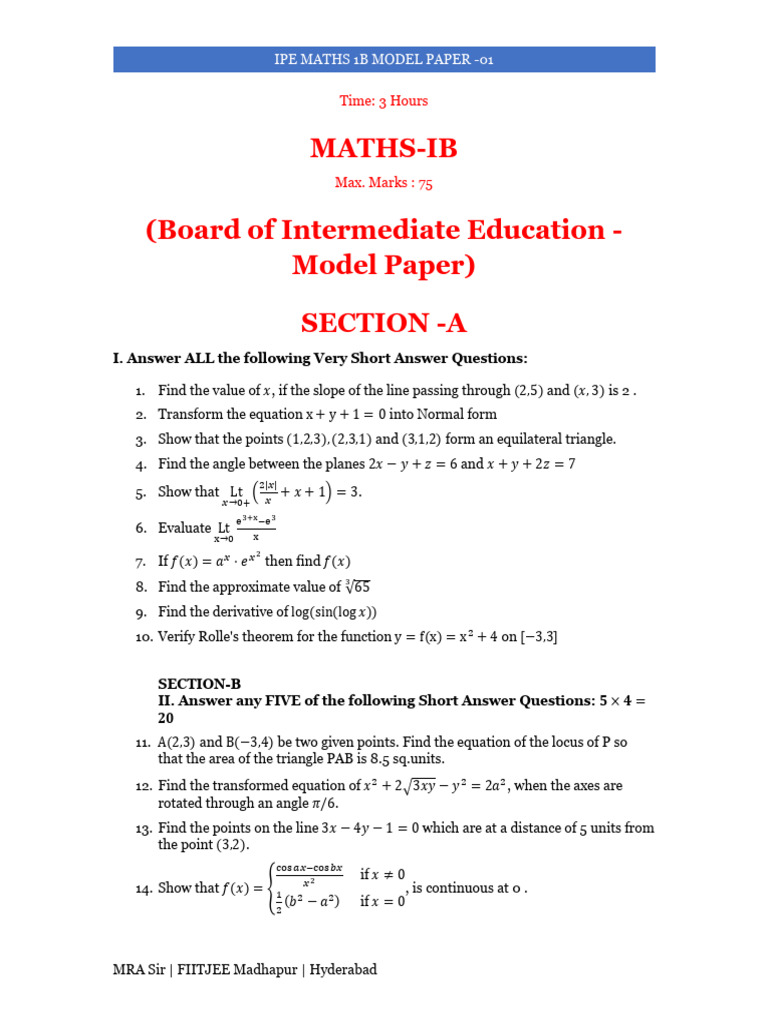 IPE Maths 1B Model Paper -01 | PDF | Area | Circle