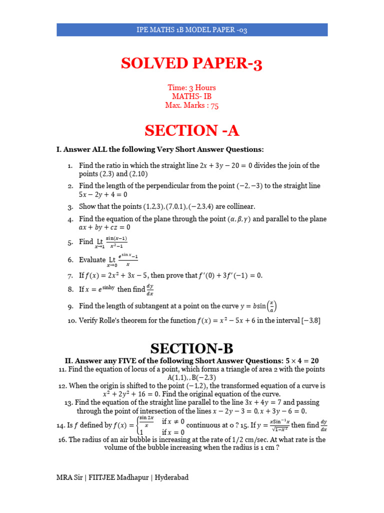 IPE Maths 1B Model Paper - 03 | PDF | Differential Geometry | Euclid