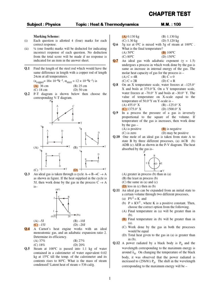 12-Chapter Test (Heat - Thermodynamics) | PDF | Gases | Temperature