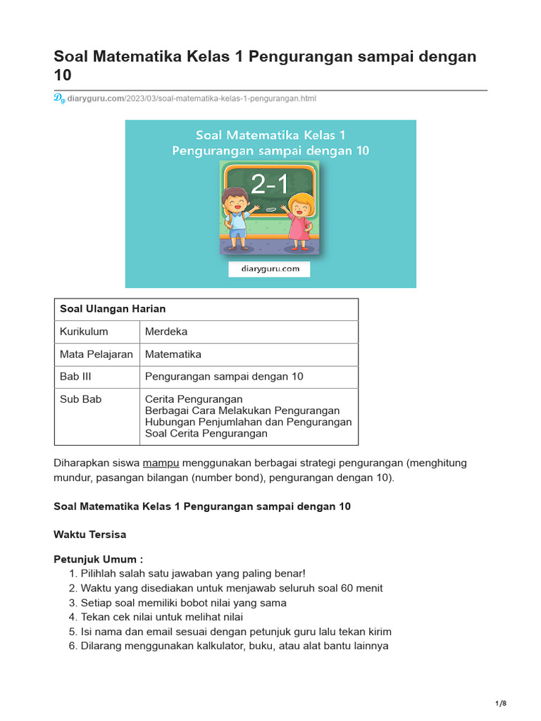MTK Kelas 1 Bab 3 | PDF