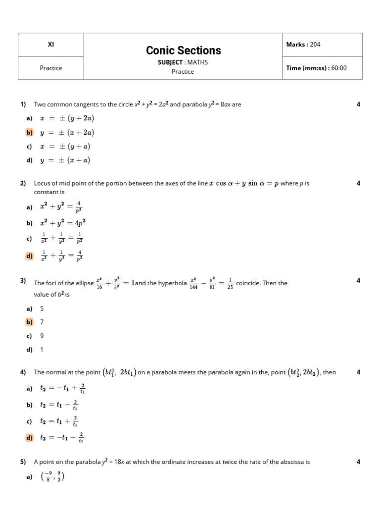 Conic Sections Practice Questions | PDF | Ellipse | Analytic Geometry