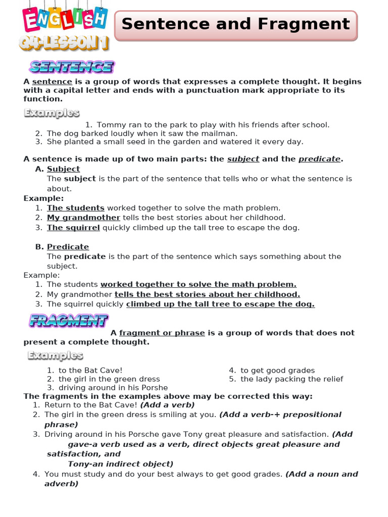 Sentences and Fragments | PDF | Verb | Subject (Grammar)