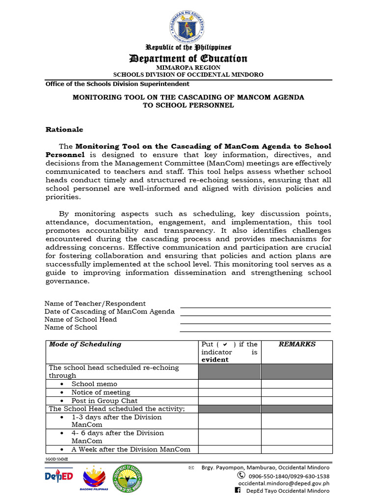 Monitoring Tool On The Cascading of Mancom To School Personnel | PDF