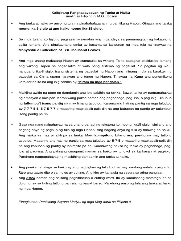 Kaligirang Pangkasaysayan NG Tanka at Haiku VISUAL AID | PDF