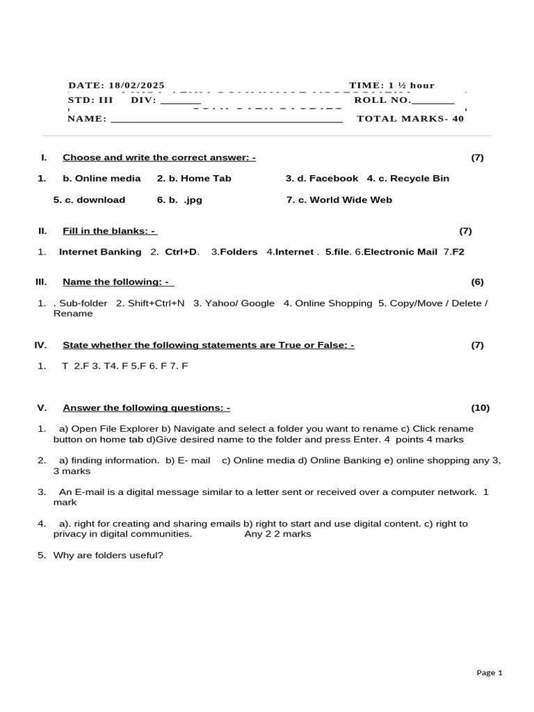 A.D STD III Computer Studies Answer Key 2024-2025 | PDF