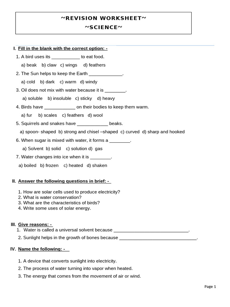 Science Revision Worksheet for Kids | PDF | Water | Solubility