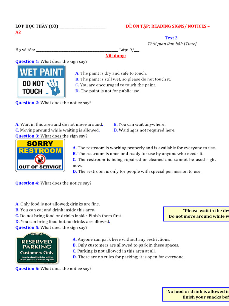 HS Test 2 Reading Signs - Notices. | PDF