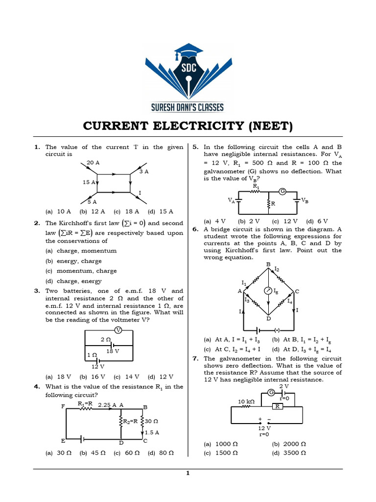 NEET Current Electricity Practice Questions | PDF | Electronic Engineering | Electricity