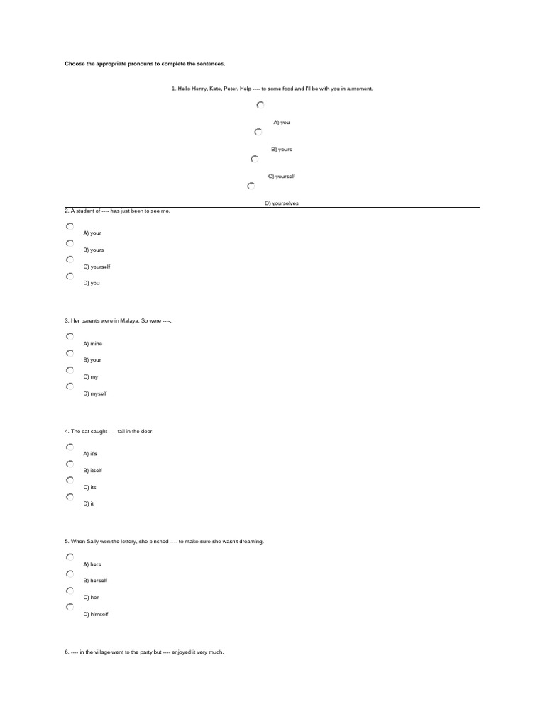 Pronoun Selection Exercise Quiz | PDF