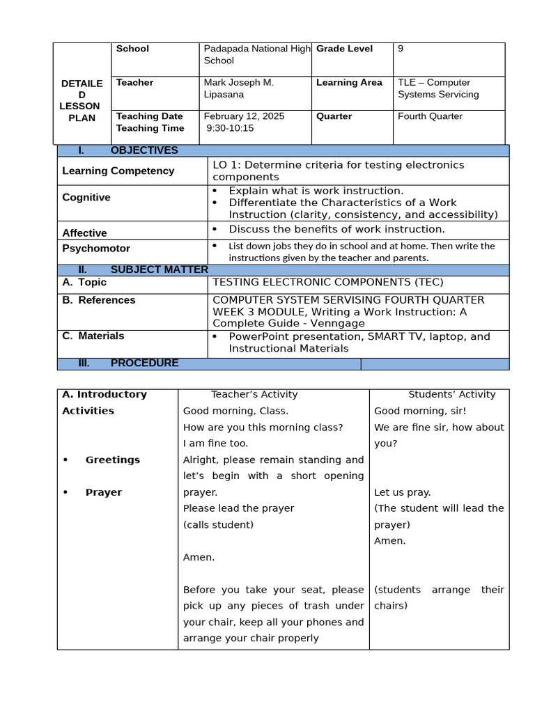 DLP - Work Instruction - Lipasana | PDF | Teachers | Behavior Modification