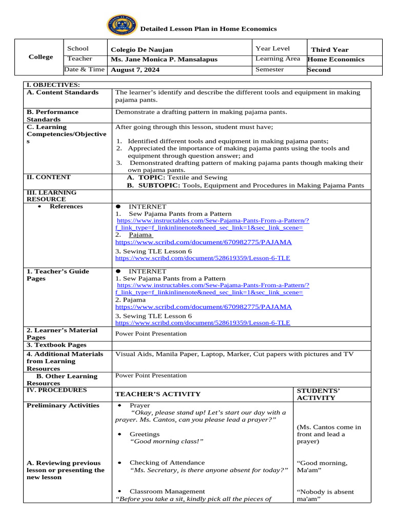 Detailed Lesson Plan in Agri fishery arts | PDF | Sewing | Seam (Sewing)