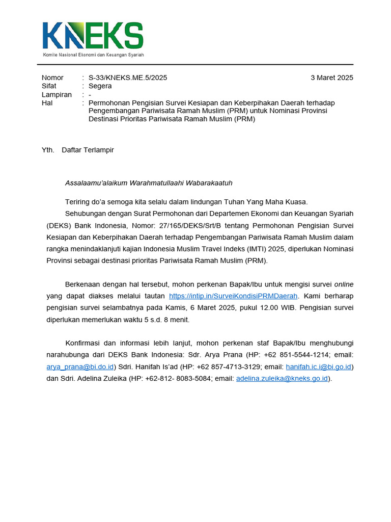 Permohonan Pengisian Survei Kesiapan dan Keberpihakan Daerah terhadap Pengembangan Pariwisata ...