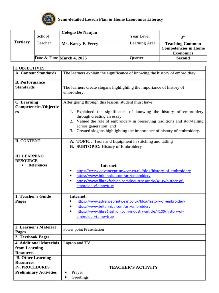 Semi-Detailed Lesson plan TCC-HE | PDF | Embroidery | Textile Arts