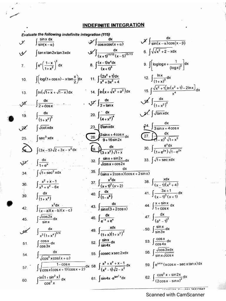 Indefinite Integration Worksheet | PDF