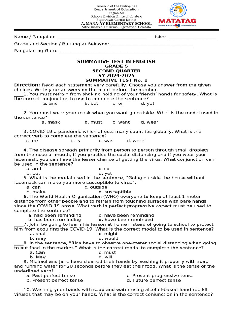 Summative Test in English | PDF | Grammatical Tense | Verb