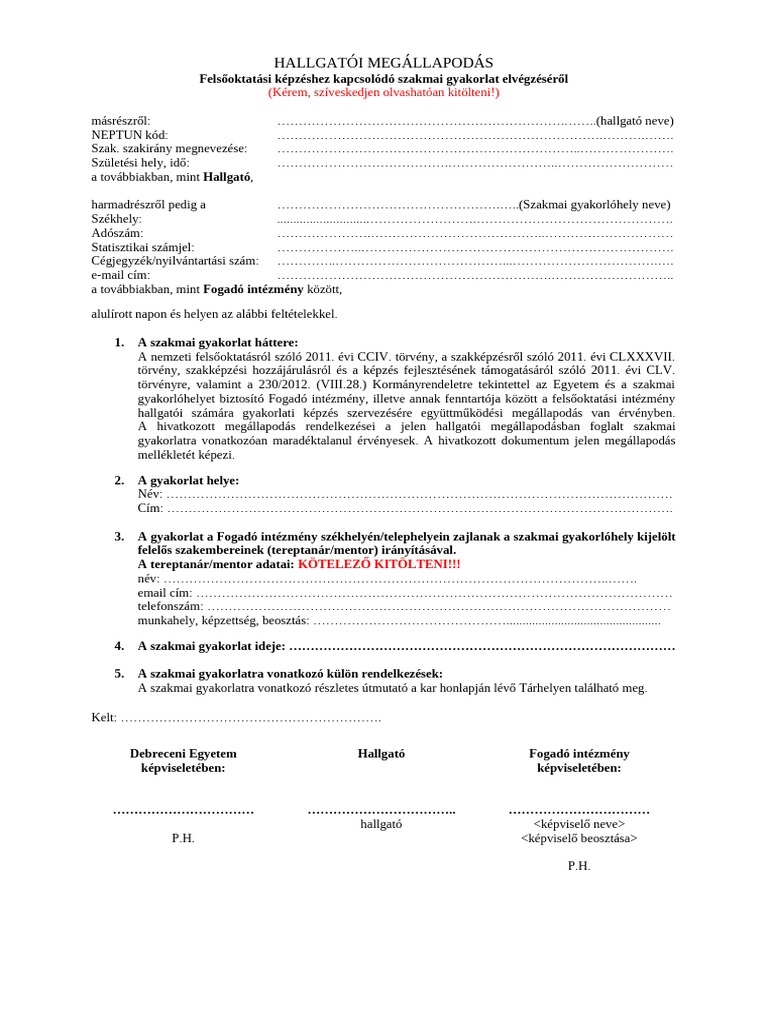 Hallgatói Megállapodás | PDF