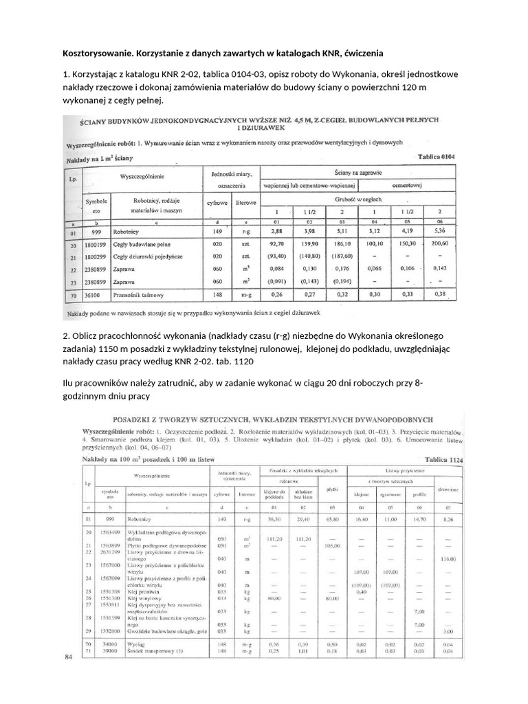Kosztorysowanie Korzystanie Z KNR Obliczanie Nakładów I Sporządzanie Zestawienia Materiałów | PDF
