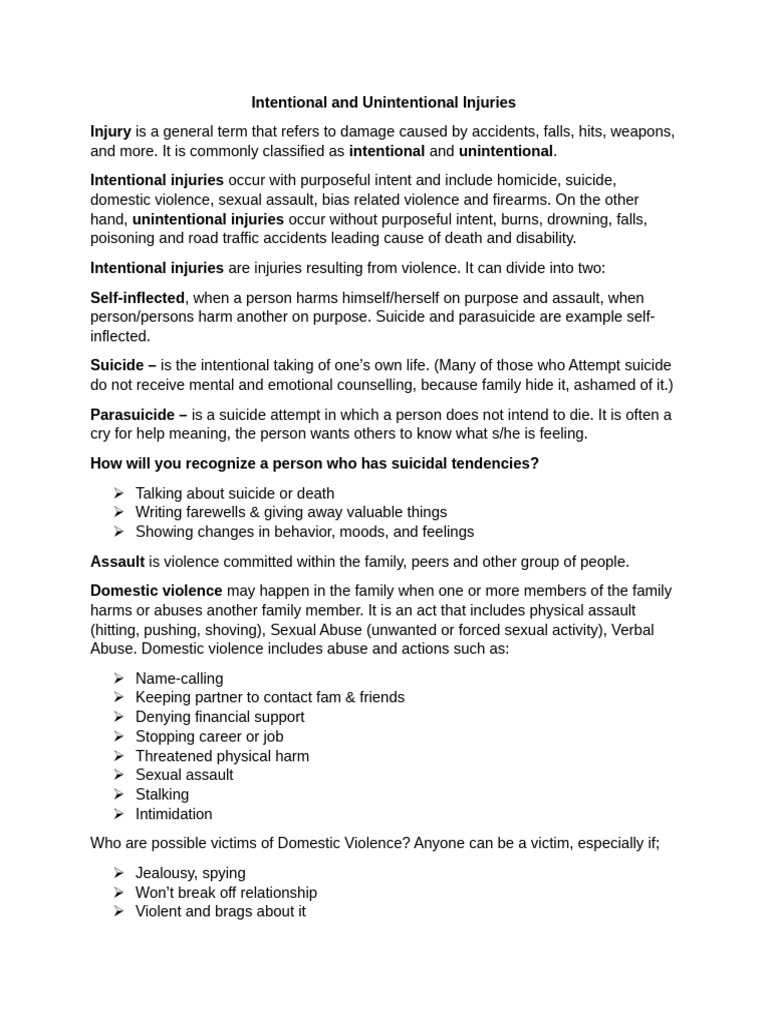 Intentional and Unintentional Injuries Discussion | PDF | Bullying ...